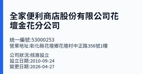 全家便利商店股份有限公司花壇金花分公司的照片-統編 53000253(彰化縣) 公司登記資料與營業項目詳細圖表