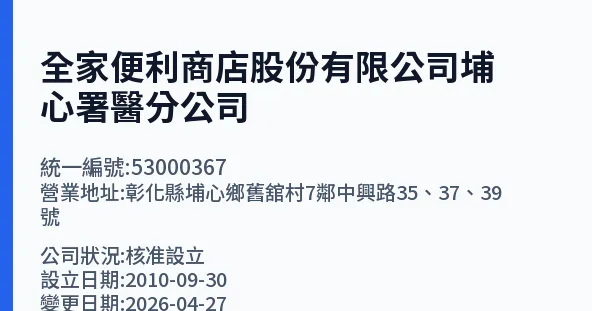 全家便利商店股份有限公司埔心署醫分公司的照片-統編 53000367(彰化縣) 公司登記資料與營業項目詳細圖表