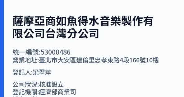 薩摩亞商如魚得水音樂製作有限公司台灣分公司的照片-統編 53000486(臺北市) 公司登記資料與營業項目詳細圖表