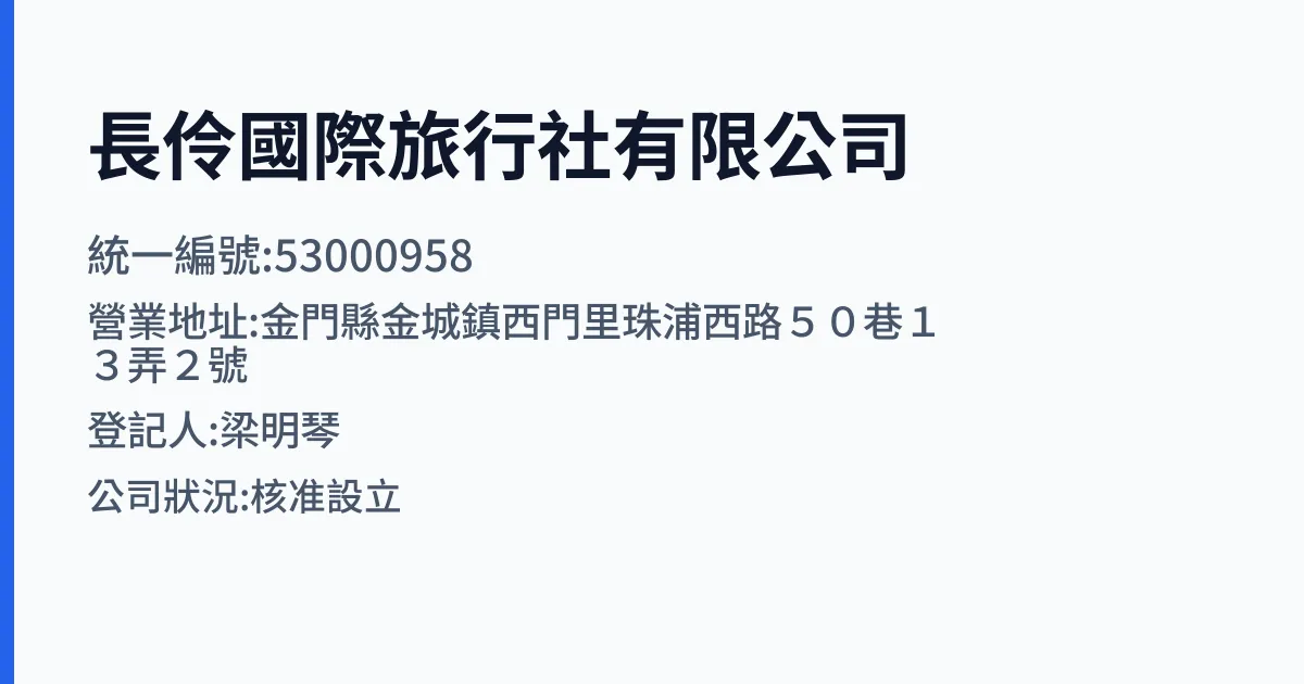 長伶國際旅行社有限公司 - 統編 53000958(金門縣) 公司登記資料與營業項目詳細圖表