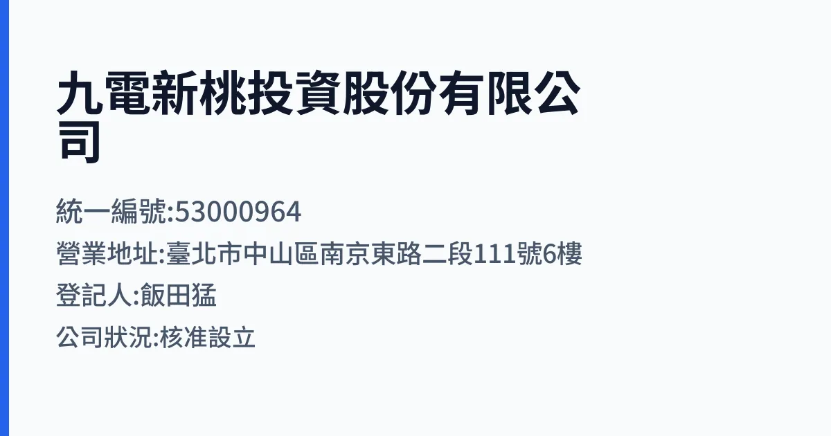 九電新桃投資股份有限公司 - 統編 53000964(臺北市) 公司登記資料與營業項目詳細圖表