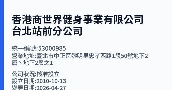 香港商世界健身事業有限公司台北站前分公司的照片-統編 53000985(臺北市) 公司登記資料與營業項目詳細圖表