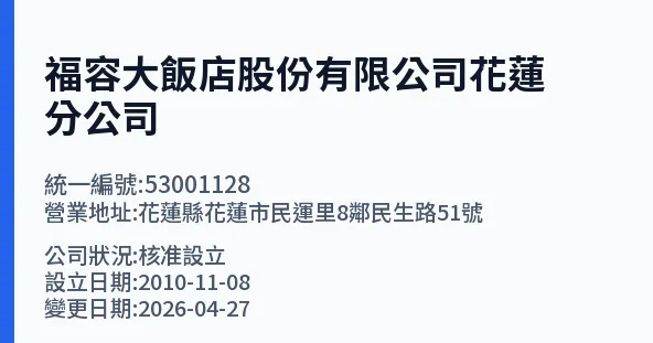 福容大飯店股份有限公司花蓮分公司的照片-統編 53001128(花蓮縣) 公司登記資料與營業項目詳細圖表