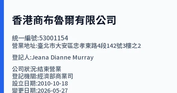 香港商布魯爾有限公司的照片-統編 53001154(臺北市) 公司登記資料與營業項目詳細圖表