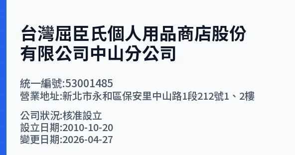 台灣屈臣氏個人用品商店股份有限公司中山分公司的照片-統編 53001485(新北市) 公司登記資料與營業項目詳細圖表