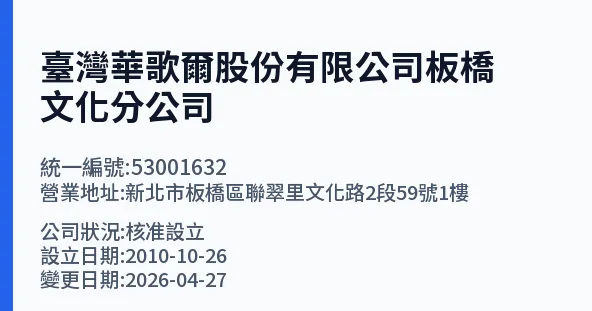 臺灣華歌爾股份有限公司板橋文化分公司的照片-統編 53001632(新北市) 公司登記資料與營業項目詳細圖表