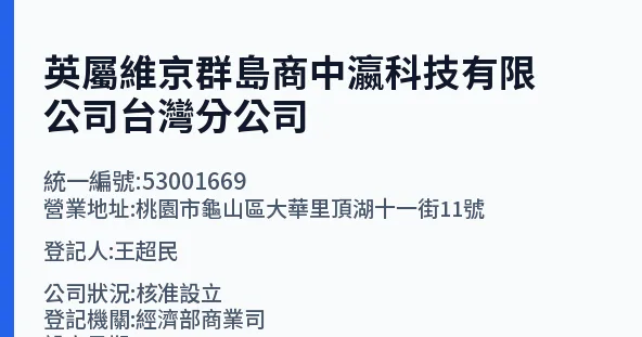 英屬維京群島商中瀛科技有限公司台灣分公司的照片-統編 53001669(桃園市) 公司登記資料與營業項目詳細圖表
