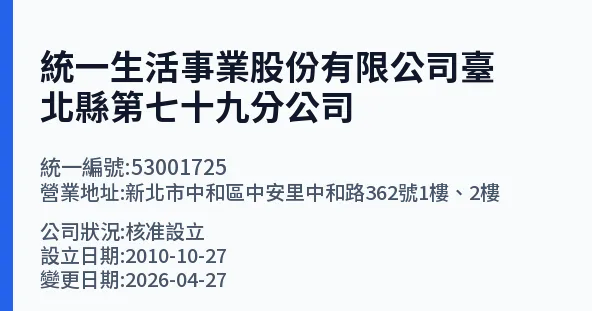 統一生活事業股份有限公司臺北縣第七十九分公司的照片-統編 53001725(新北市) 公司登記資料與營業項目詳細圖表
