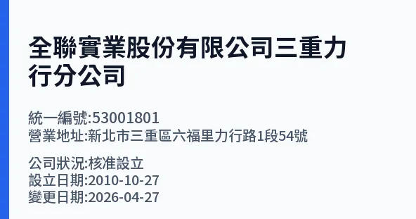 全聯實業股份有限公司三重力行分公司的照片-統編 53001801(新北市) 公司登記資料與營業項目詳細圖表