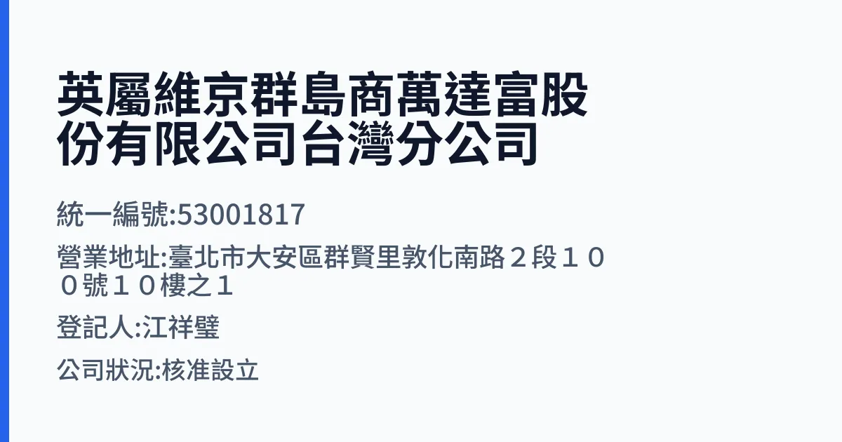 英屬維京群島商萬達富股份有限公司台灣分公司 - 統編 53001817(臺北市) 公司登記資料與營業項目詳細圖表