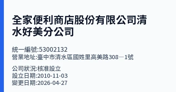 全家便利商店股份有限公司清水好美分公司的照片-統編 53002132(臺中市) 公司登記資料與營業項目詳細圖表
