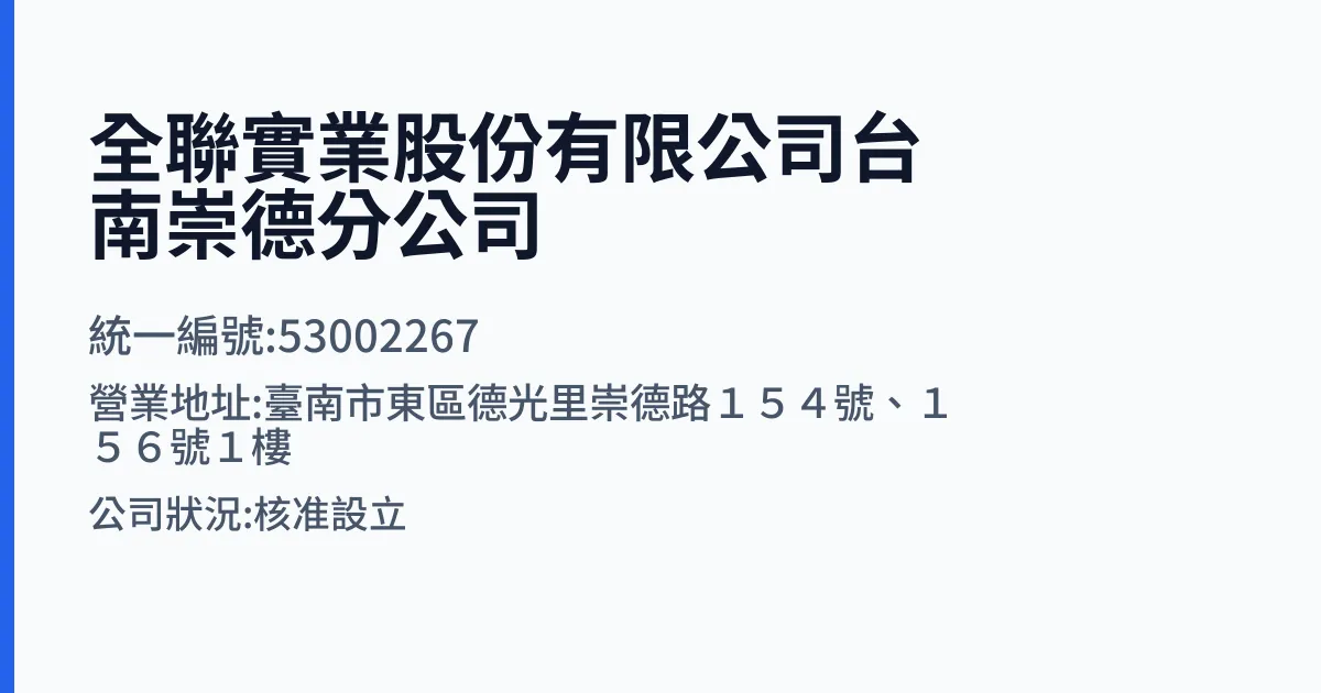 全聯實業股份有限公司台南崇德分公司 - 統編 53002267(臺南市) 公司登記資料與營業項目詳細圖表