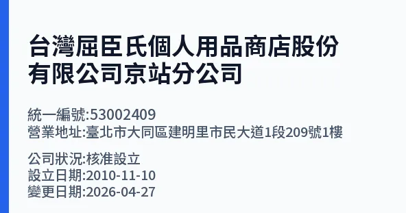 台灣屈臣氏個人用品商店股份有限公司京站分公司的照片-統編 53002409(臺北市) 公司登記資料與營業項目詳細圖表