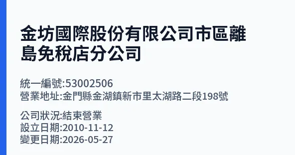 金坊國際股份有限公司市區離島免稅店分公司的照片-統編 53002506(金門縣) 公司登記資料與營業項目詳細圖表