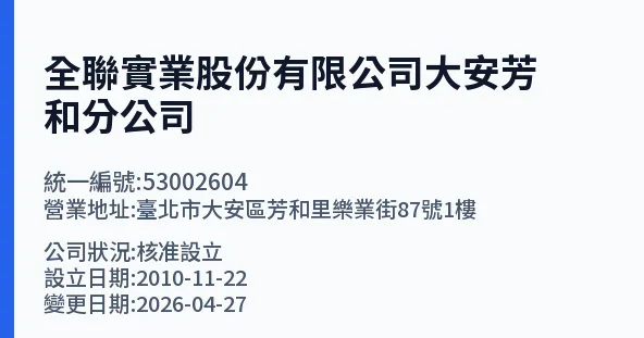 全聯實業股份有限公司大安芳和分公司的照片-統編 53002604(臺北市) 公司登記資料與營業項目詳細圖表