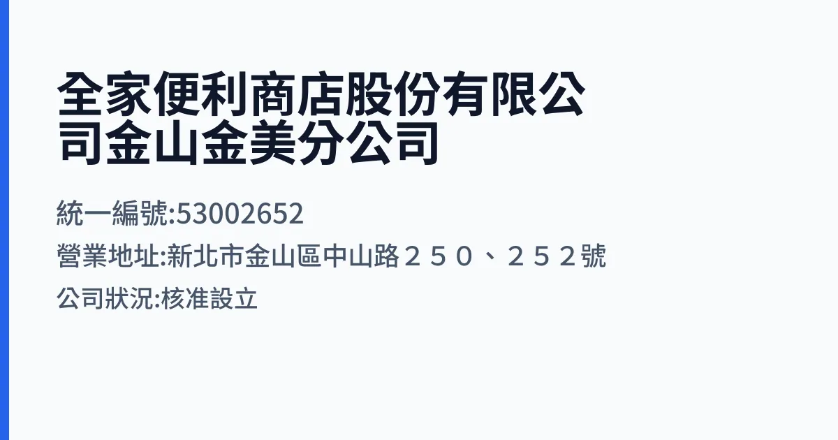 全家便利商店股份有限公司金山金美分公司 - 統編 53002652(新北市) 公司登記資料與營業項目詳細圖表