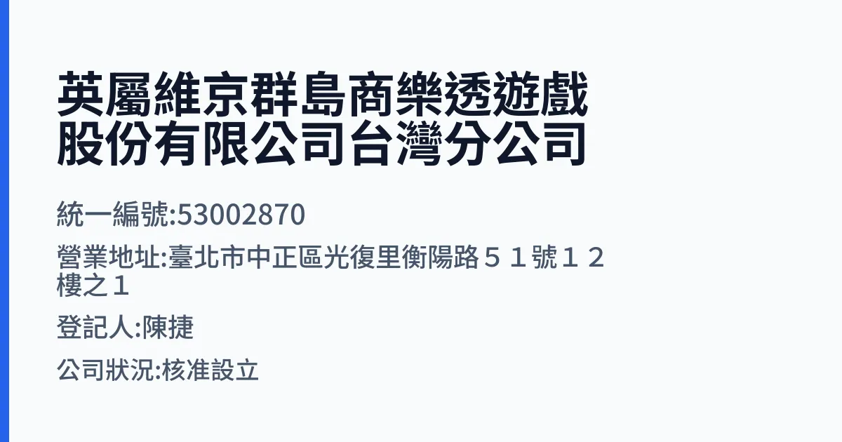 英屬維京群島商樂透遊戲股份有限公司台灣分公司 - 統編 53002870(臺北市) 公司登記資料與營業項目詳細圖表
