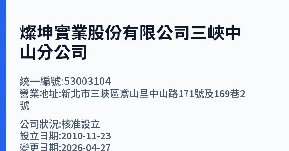 燦坤實業股份有限公司三峽中山分公司的照片-統編 53003104(新北市) 公司登記資料與營業項目詳細圖表
