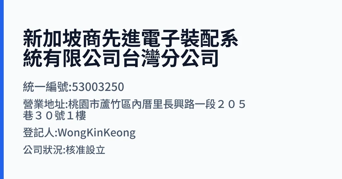 新加坡商先進電子裝配系統有限公司台灣分公司 - 統編 53003250(新北市) 公司登記資料與營業項目詳細圖表