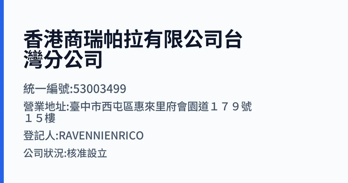 香港商瑞帕拉有限公司台灣分公司 - 統編 53003499(臺中市) 公司登記資料與營業項目詳細圖表