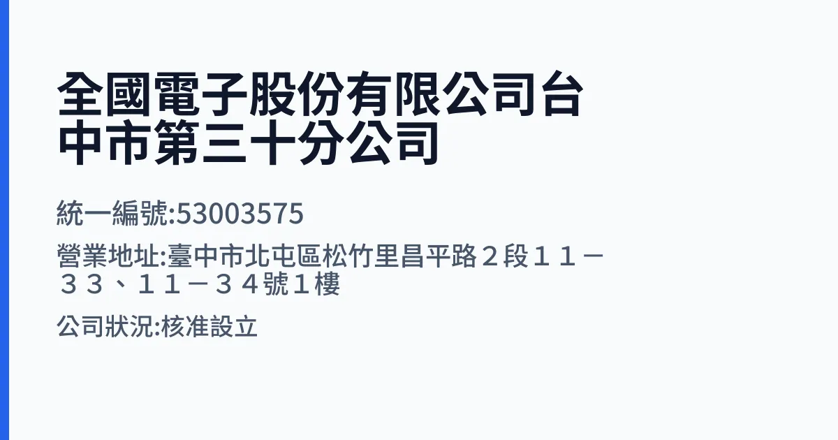 全國電子股份有限公司台中市第三十分公司 - 統編 53003575(臺中市) 公司登記資料與營業項目詳細圖表