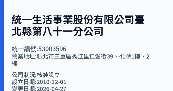 統一生活事業股份有限公司臺北縣第八十一分公司的照片-統編 53003596(新北市) 公司登記資料與營業項目詳細圖表