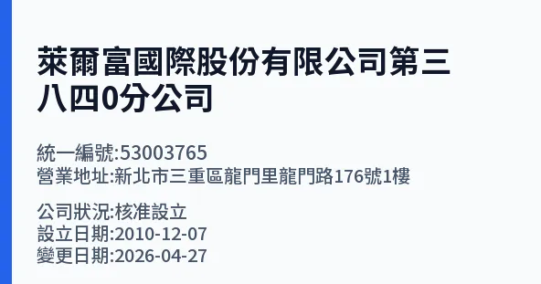 萊爾富國際股份有限公司第三八四0分公司的照片-統編 53003765(新北市) 公司登記資料與營業項目詳細圖表