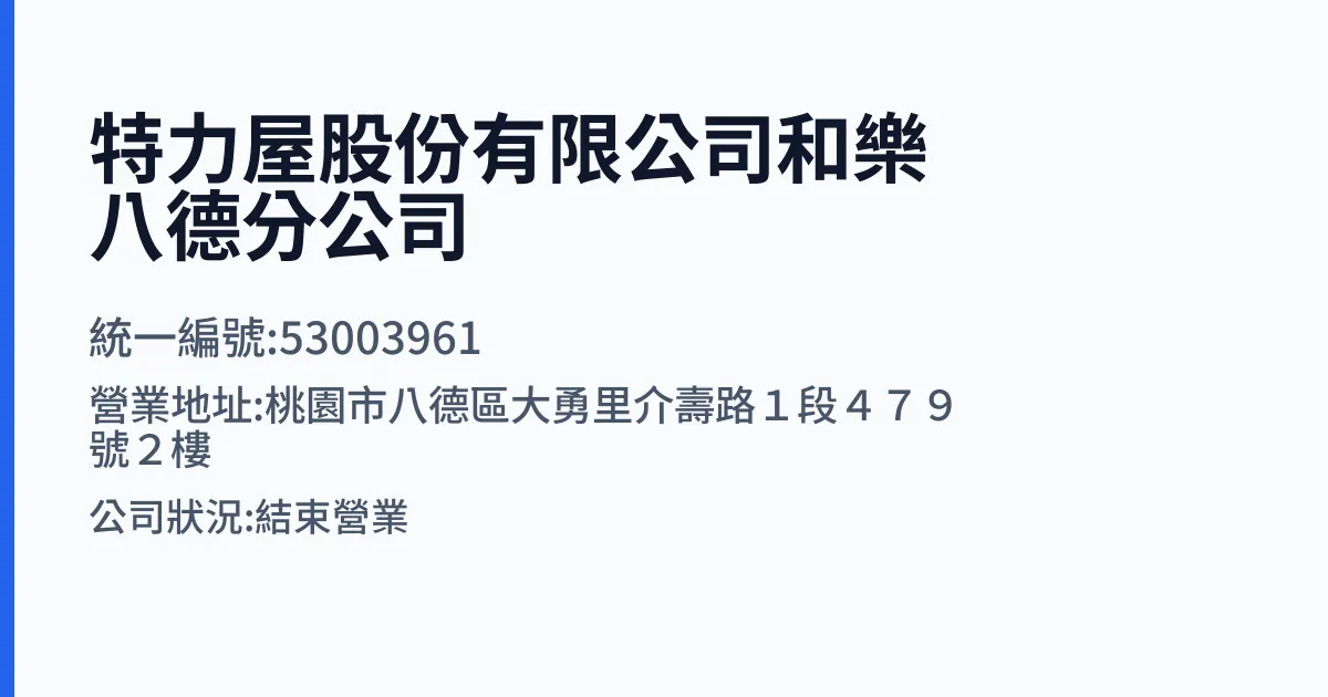 特力屋股份有限公司和樂八德分公司 - 統編 53003961(桃園市) 公司登記資料與營業項目詳細圖表