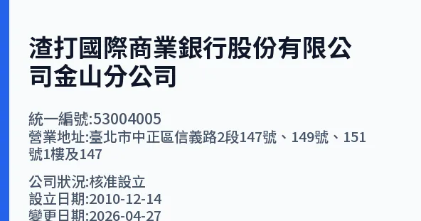 渣打國際商業銀行股份有限公司金山分公司的照片-統編 53004005(臺北市) 公司登記資料與營業項目詳細圖表