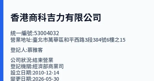香港商科吉力有限公司的照片-統編 53004032(臺北市) 公司登記資料與營業項目詳細圖表