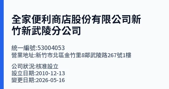 全家便利商店股份有限公司新竹新武陵分公司的照片-統編 53004053(新竹市) 公司登記資料與營業項目詳細圖表