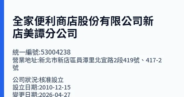 全家便利商店股份有限公司新店美譚分公司的照片-統編 53004238(新北市) 公司登記資料與營業項目詳細圖表