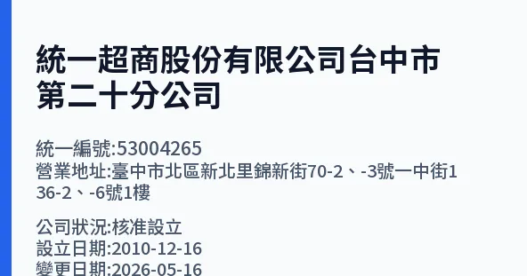 統一超商股份有限公司台中市第二十分公司的照片-統編 53004265(臺中市) 公司登記資料與營業項目詳細圖表