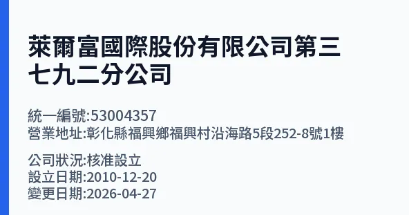 萊爾富國際股份有限公司第三七九二分公司的照片-統編 53004357(彰化縣) 公司登記資料與營業項目詳細圖表