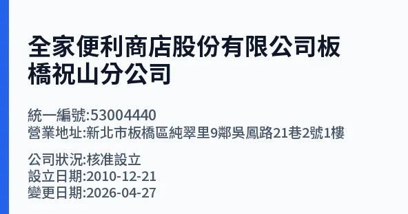 全家便利商店股份有限公司板橋祝山分公司的照片-統編 53004440(新北市) 公司登記資料與營業項目詳細圖表