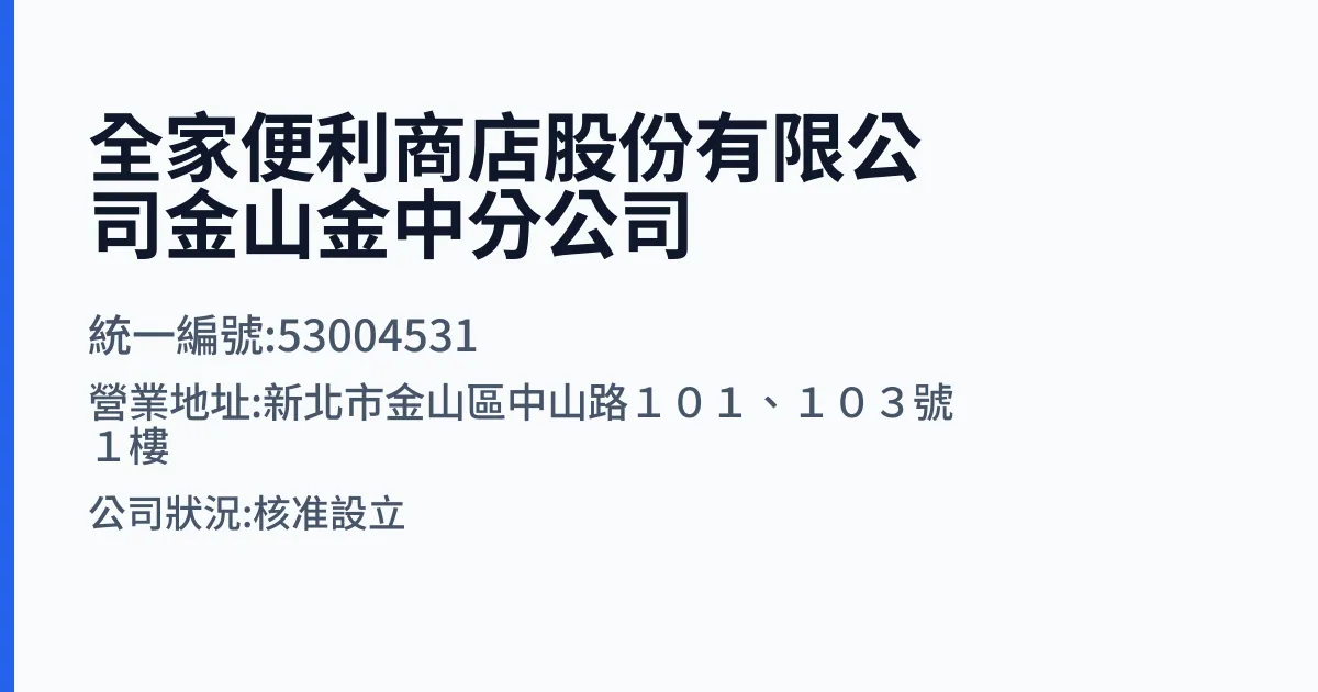 全家便利商店股份有限公司金山金中分公司 - 統編 53004531(新北市) 公司登記資料與營業項目詳細圖表