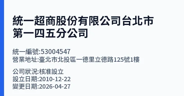 統一超商股份有限公司台北市第一四五分公司的照片-統編 53004547(臺北市) 公司登記資料與營業項目詳細圖表