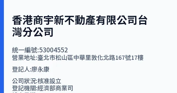香港商宇新不動產有限公司台灣分公司的照片-統編 53004552(臺北市) 公司登記資料與營業項目詳細圖表
