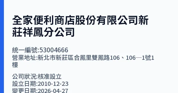 全家便利商店股份有限公司新莊祥鳳分公司的照片-統編 53004666(新北市) 公司登記資料與營業項目詳細圖表