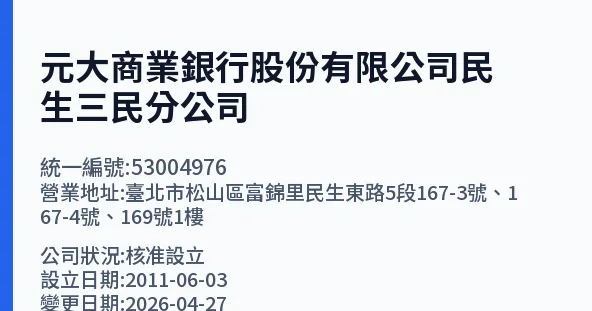 元大商業銀行股份有限公司民生三民分公司的照片-統編 53004976(臺北市) 公司登記資料與營業項目詳細圖表
