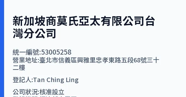 新加坡商莫氏亞太有限公司台灣分公司的照片-統編 53005258(臺北市) 公司登記資料與營業項目詳細圖表