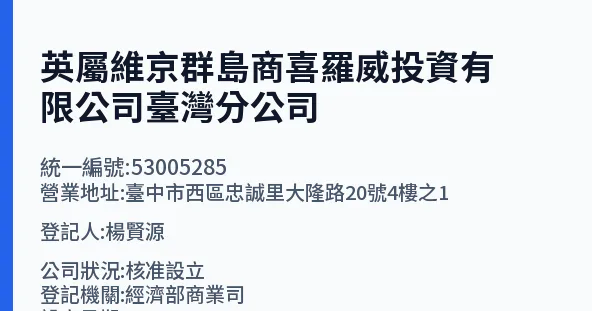英屬維京群島商喜羅威投資有限公司臺灣分公司的照片-統編 53005285(臺中市) 公司登記資料與營業項目詳細圖表