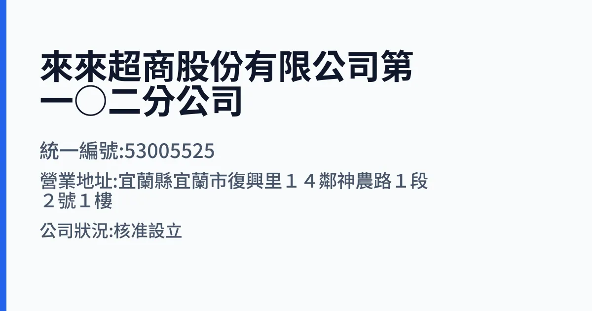 來來超商股份有限公司第一○二分公司 - 統編 53005525(宜蘭縣) 公司登記資料與營業項目詳細圖表