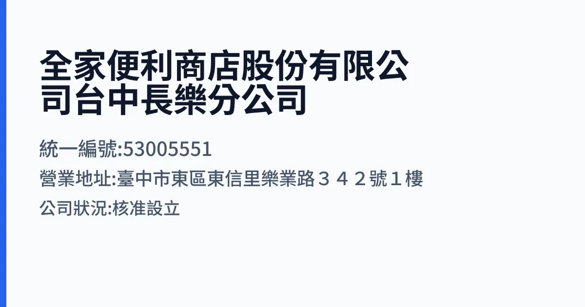 全家便利商店股份有限公司台中長樂分公司 - 統編 53005551(臺中市) 公司登記資料與營業項目詳細圖表