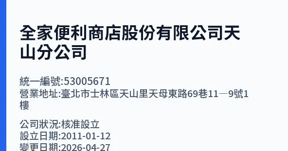全家便利商店股份有限公司天山分公司的照片-統編 53005671(臺北市) 公司登記資料與營業項目詳細圖表