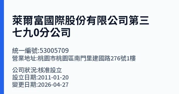 萊爾富國際股份有限公司第三七九0分公司的照片-統編 53005709(桃園市) 公司登記資料與營業項目詳細圖表