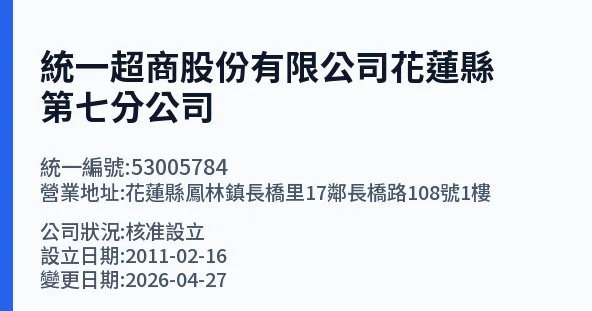 統一超商股份有限公司花蓮縣第七分公司的照片-統編 53005784(花蓮縣) 公司登記資料與營業項目詳細圖表