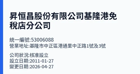 昇恒昌股份有限公司基隆港免稅店分公司的照片-統編 53006088(基隆市) 公司登記資料與營業項目詳細圖表