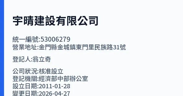 宇晴建設有限公司的照片-統編 53006279(金門縣) 公司登記資料與營業項目詳細圖表