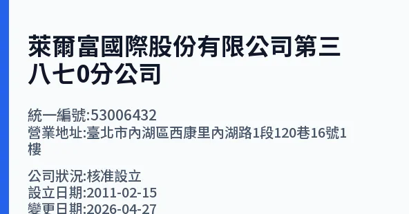 萊爾富國際股份有限公司第三八七0分公司的照片-統編 53006432(臺北市) 公司登記資料與營業項目詳細圖表